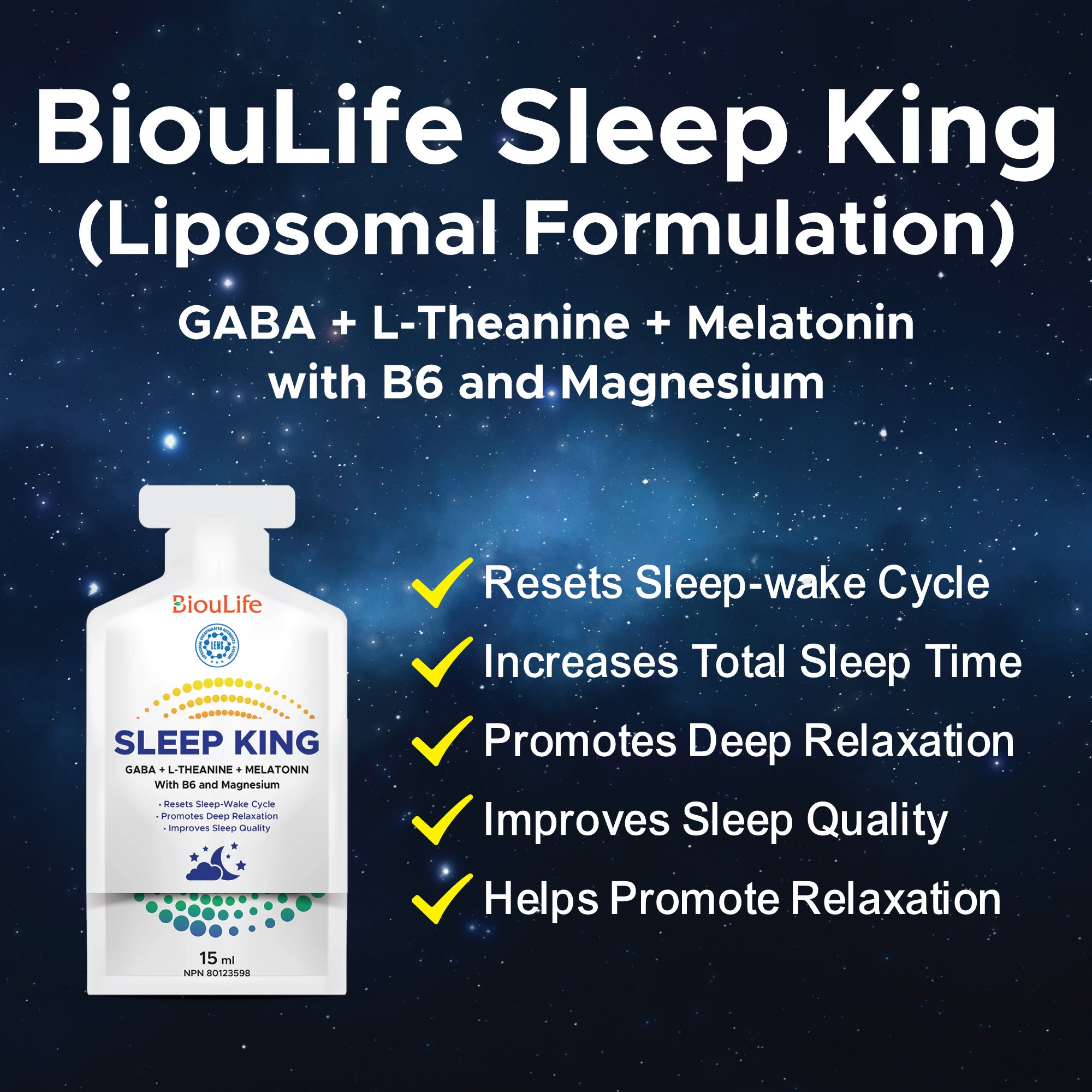 Sleep King（GABA、L-茶氨酸、褪黑素、维生素 B6 和镁）15ml x 30 包 – Bioulife